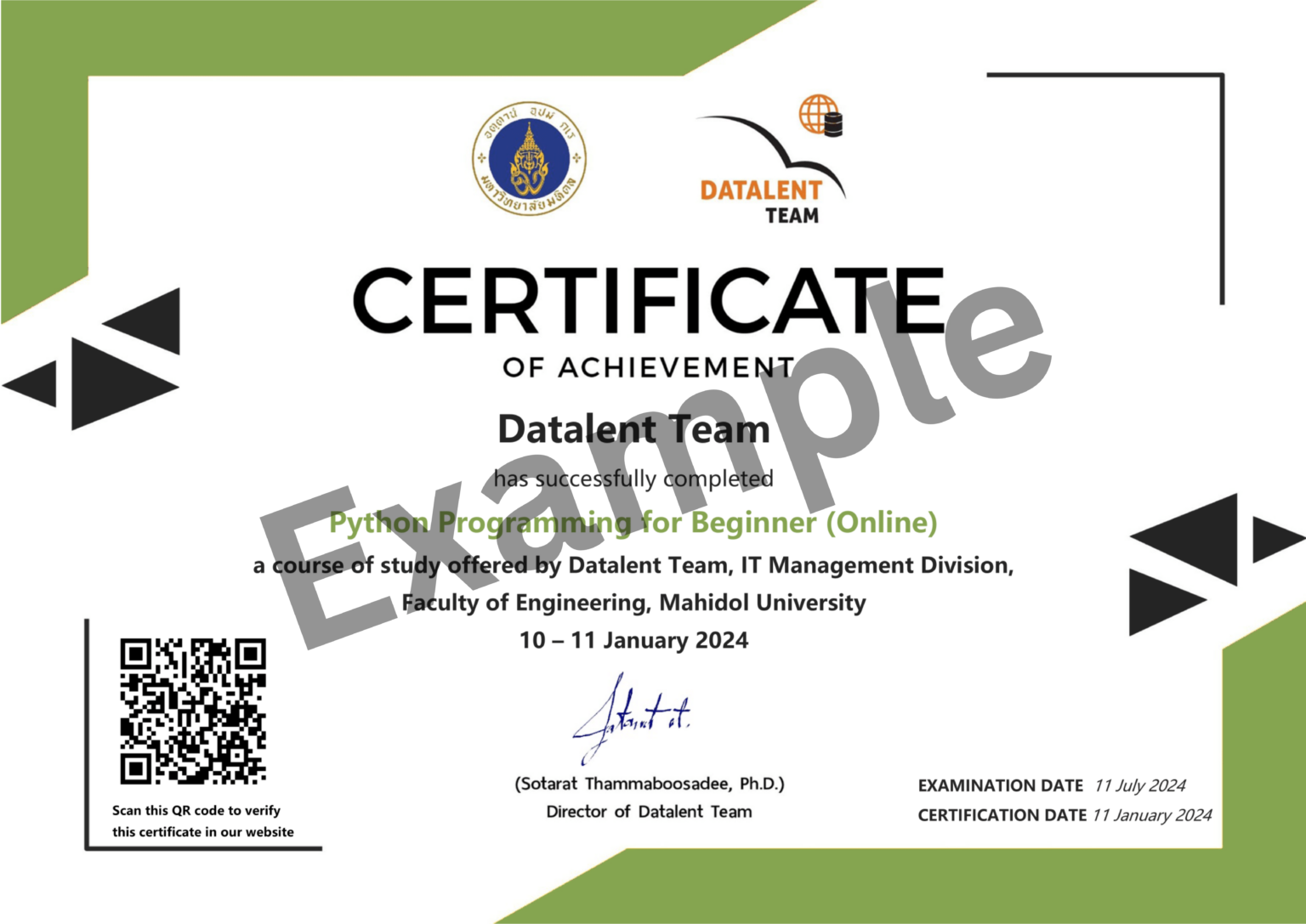 Certificate Example - Datalent Team